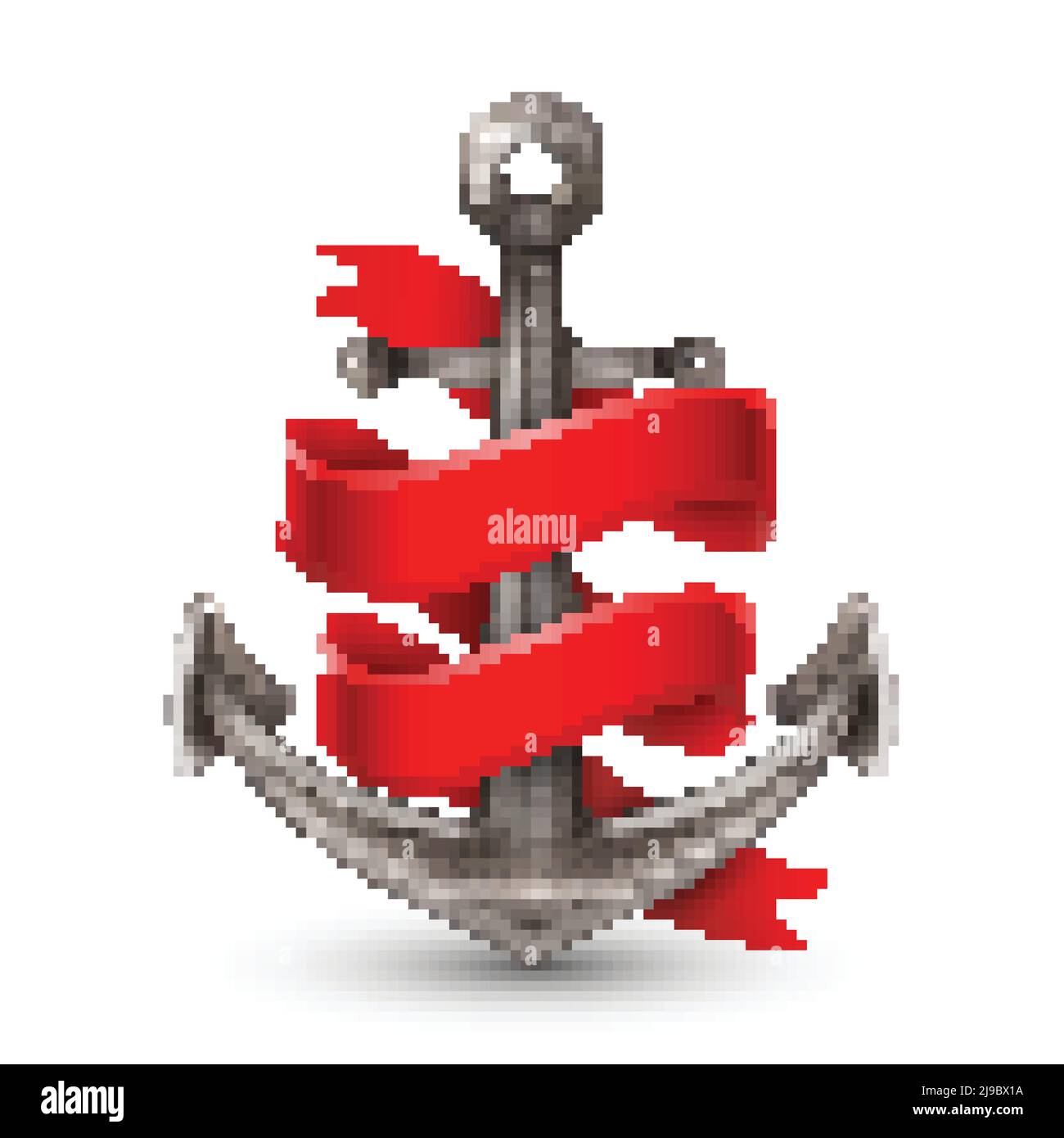 Realistic anchor with metal texture rings and red ribbon around on ...