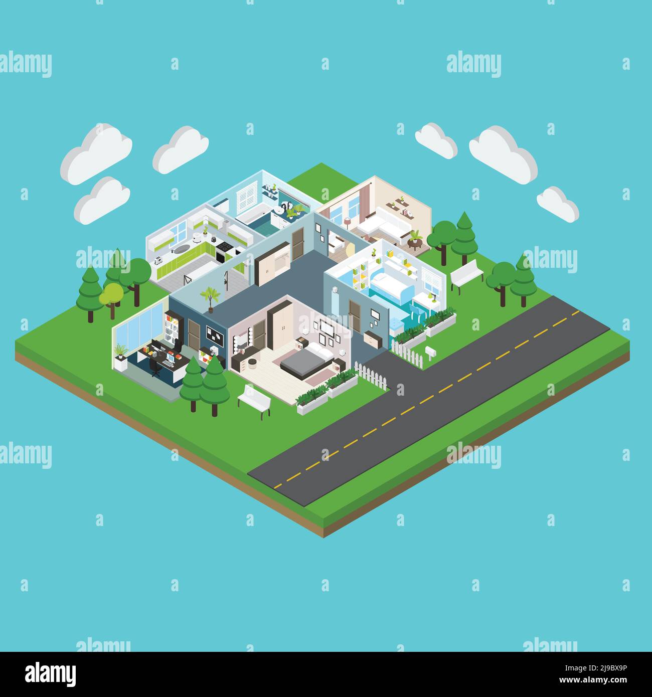 Isometric house on the plot of land composition with asphaltic path to ...