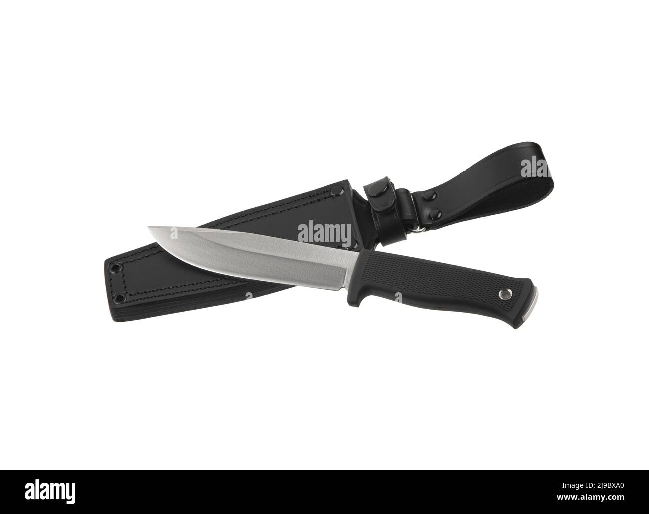 Modern hunting knife with silver blade and rubber handle. Steel arms ...