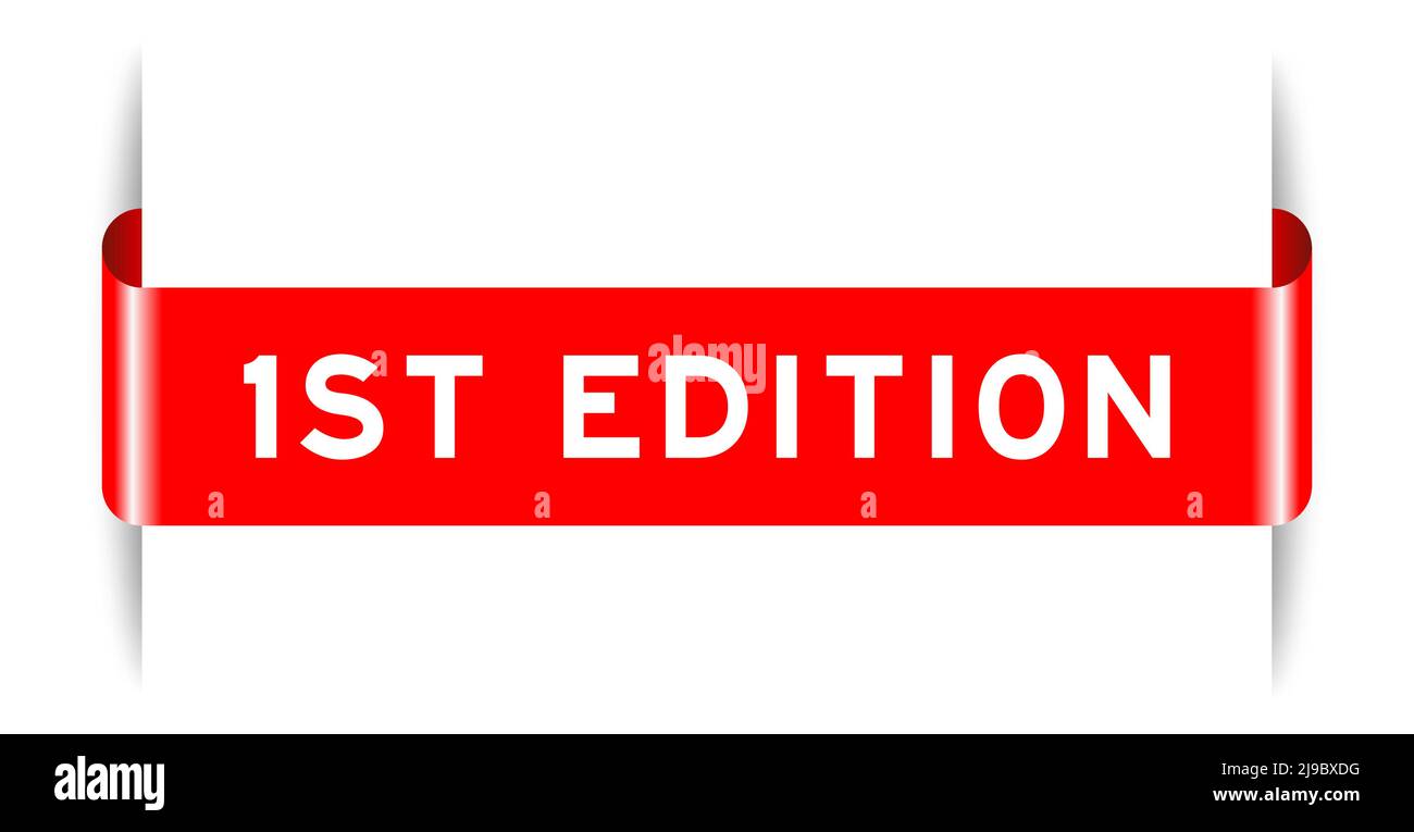 Red color inserted label banner with word 1st (first edition) on white ...