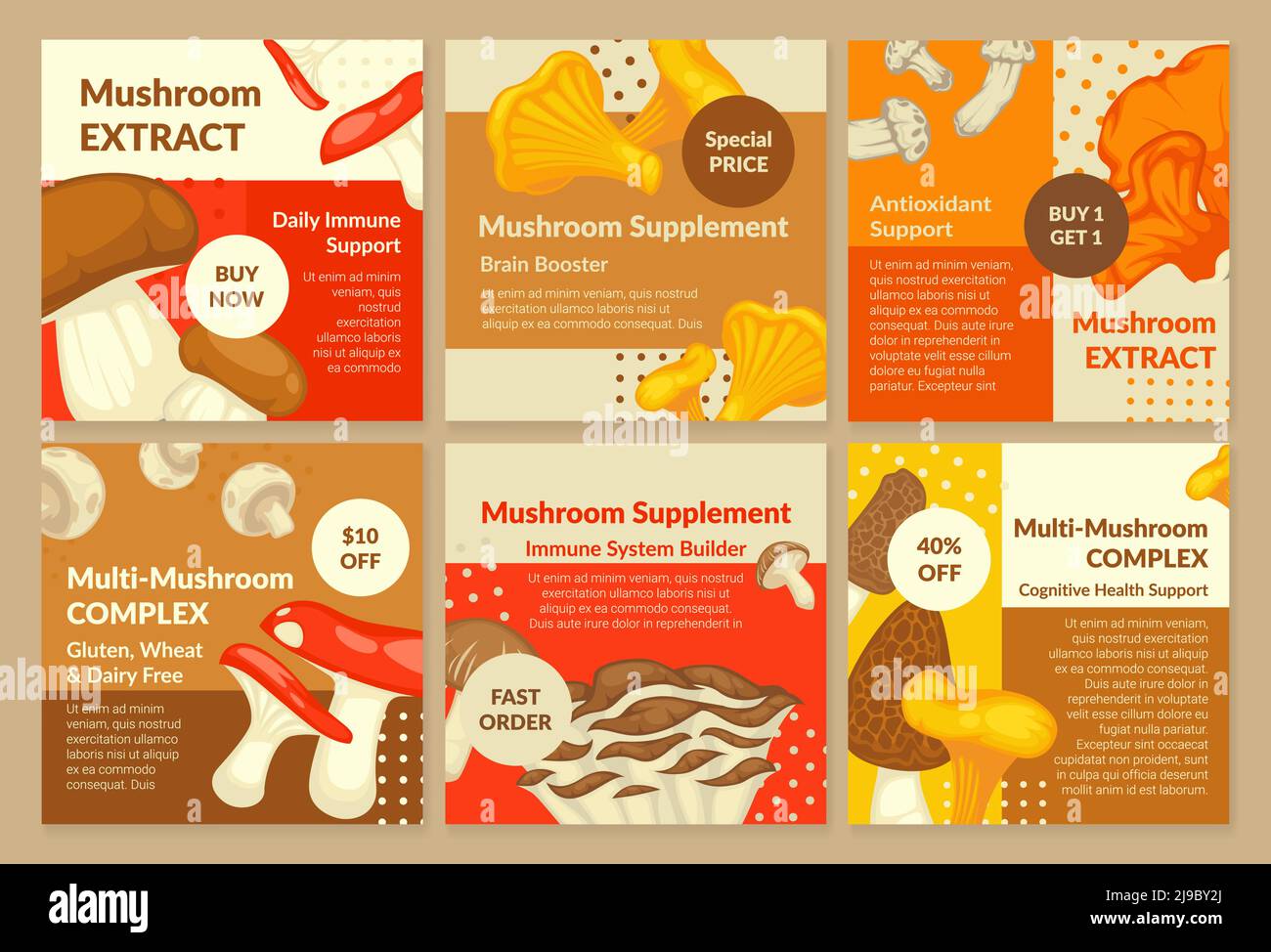 Network post design set with mushroom supplement Stock Vector Image ...