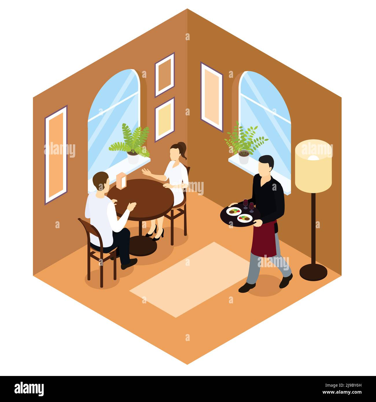 Waiter service isometric composition in tan color with people at table ...