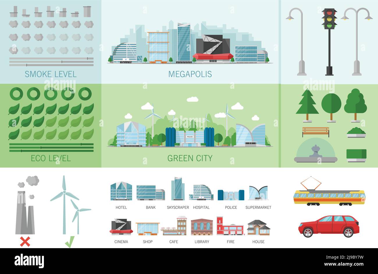 City buildings infographic with isolated colored individual elements ...