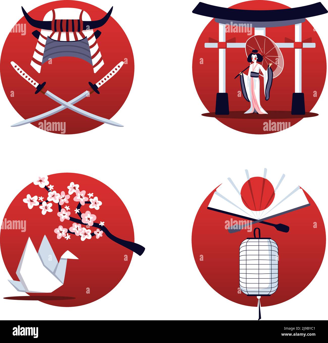 Japan 2x2 design concept set of isolated red round compositions with ...