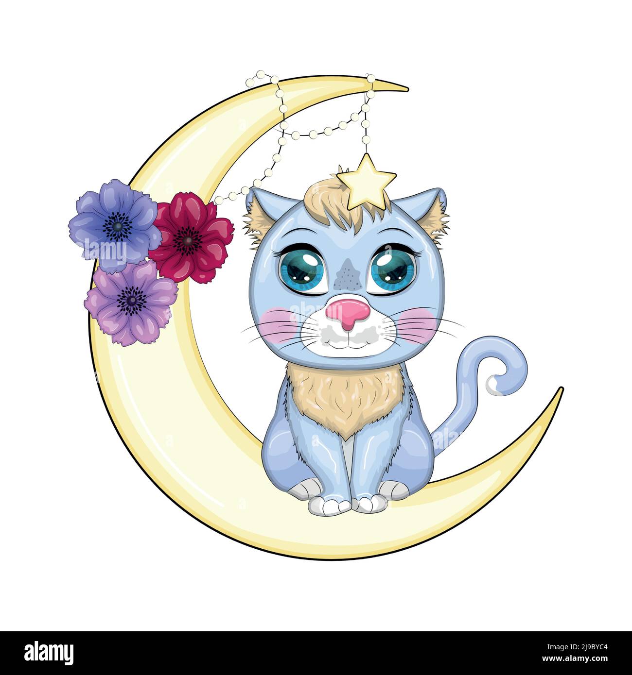 Cartoon cat on the moon with flowers. Cute child character, symbol of ...