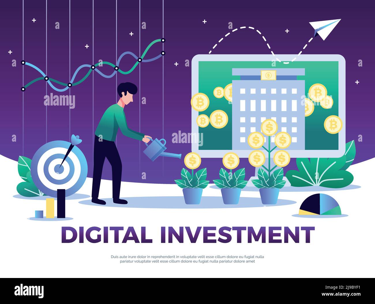 Digital investment composition with text and conceptual images of man ...