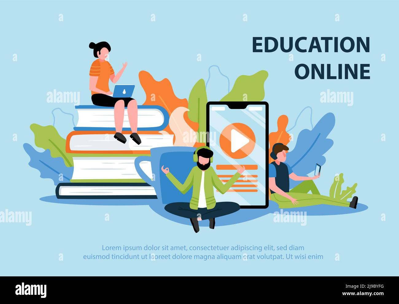 Online education flat poster with young people participating in web ...