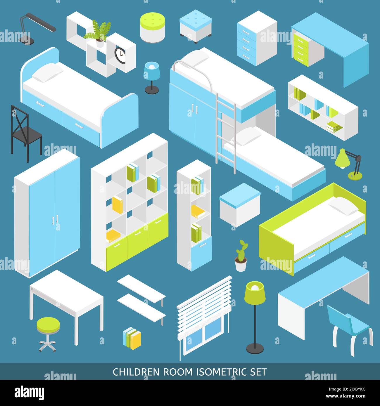 Colored isometric children room icon set with furniture and all what ...