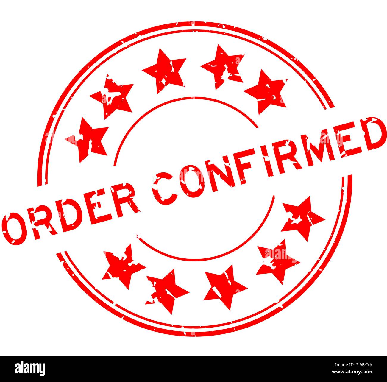 Grunge red order confirmed word with star icon round rubber seal stamp ...