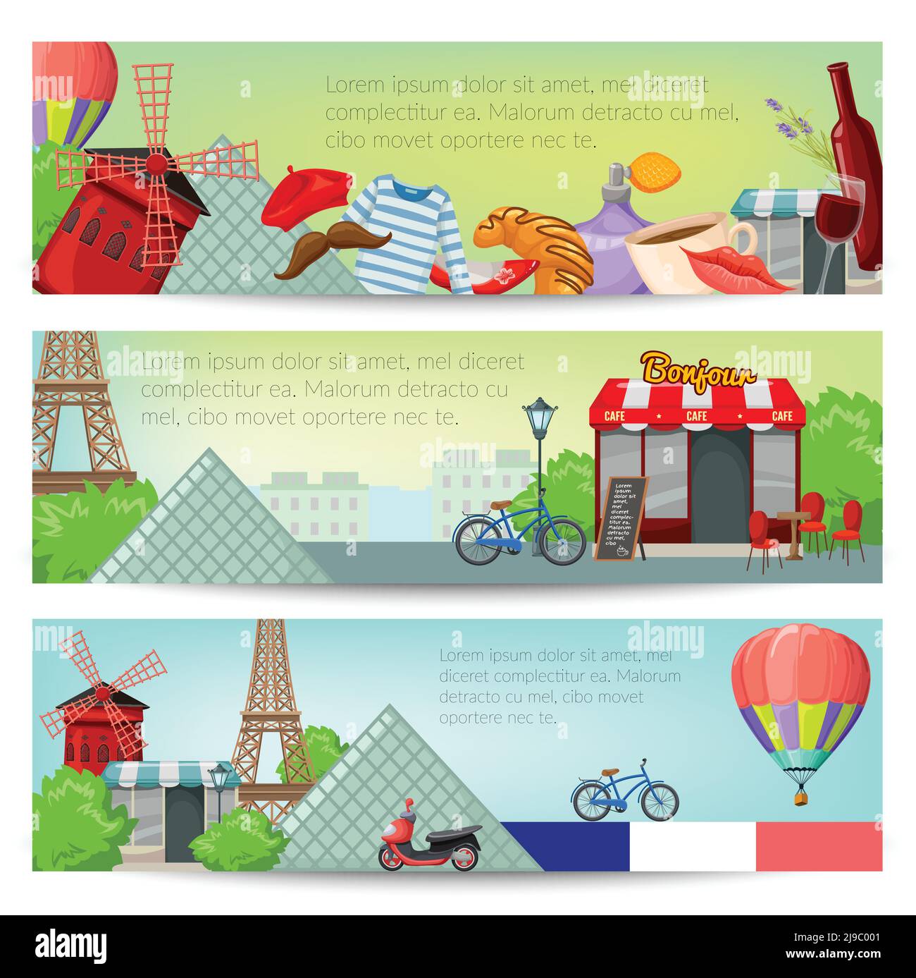 Three horizontal flat and isolated colored paris banner set with place ...