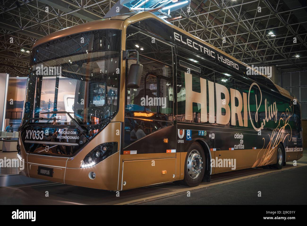 Hybrid bus technology vehicle on display. Vehicle used in the city of ...