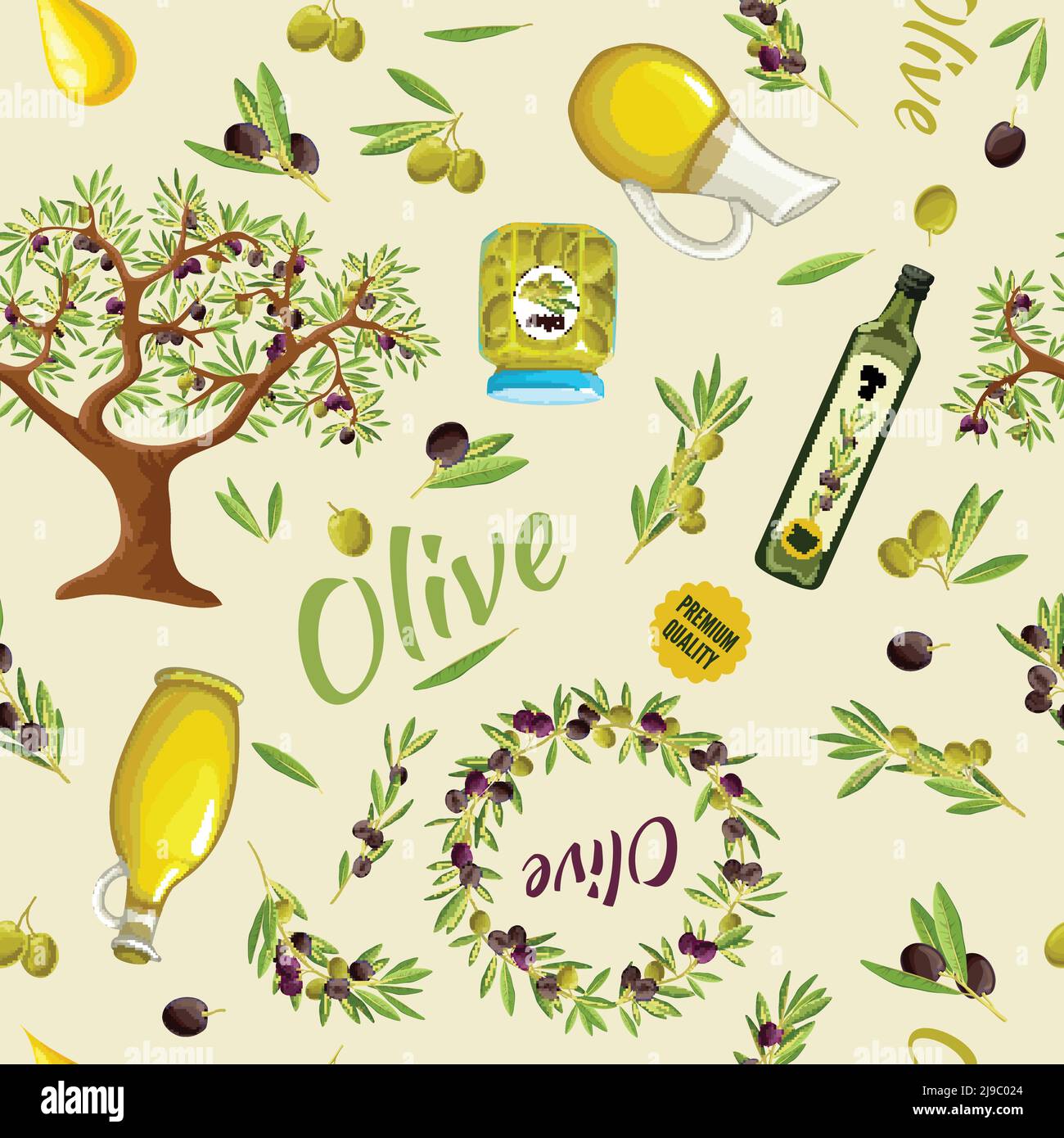 Olive seamless pattern with elements of products headlines and trees on ...