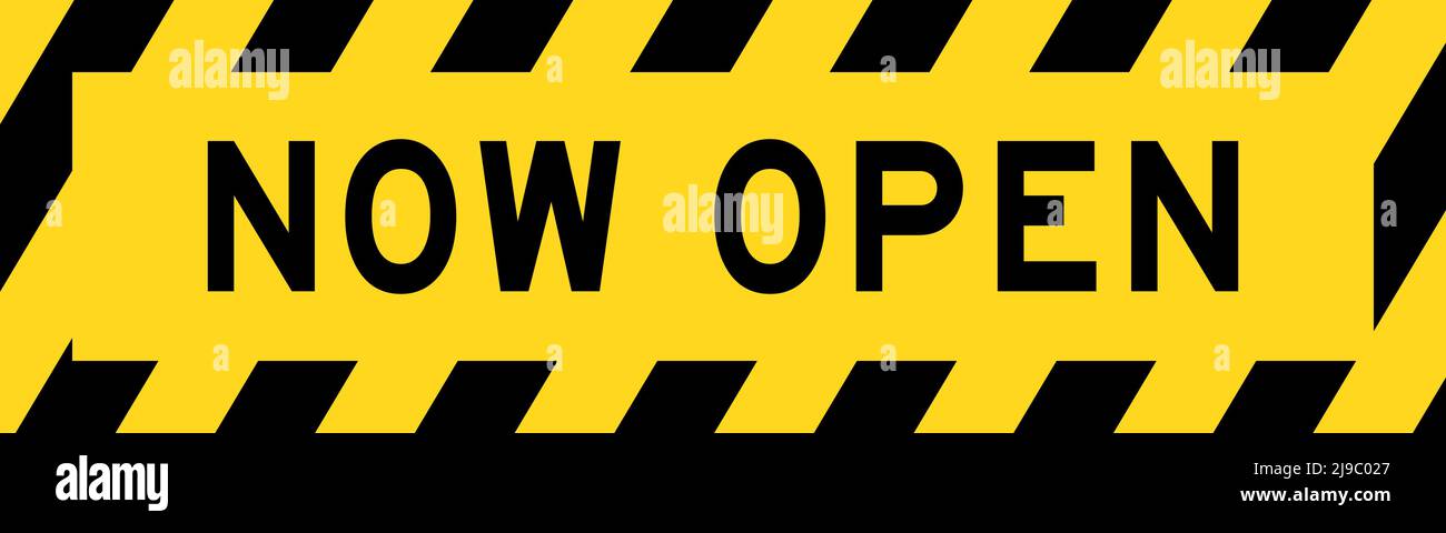 Yellow and black color with line striped label banner with word now ...