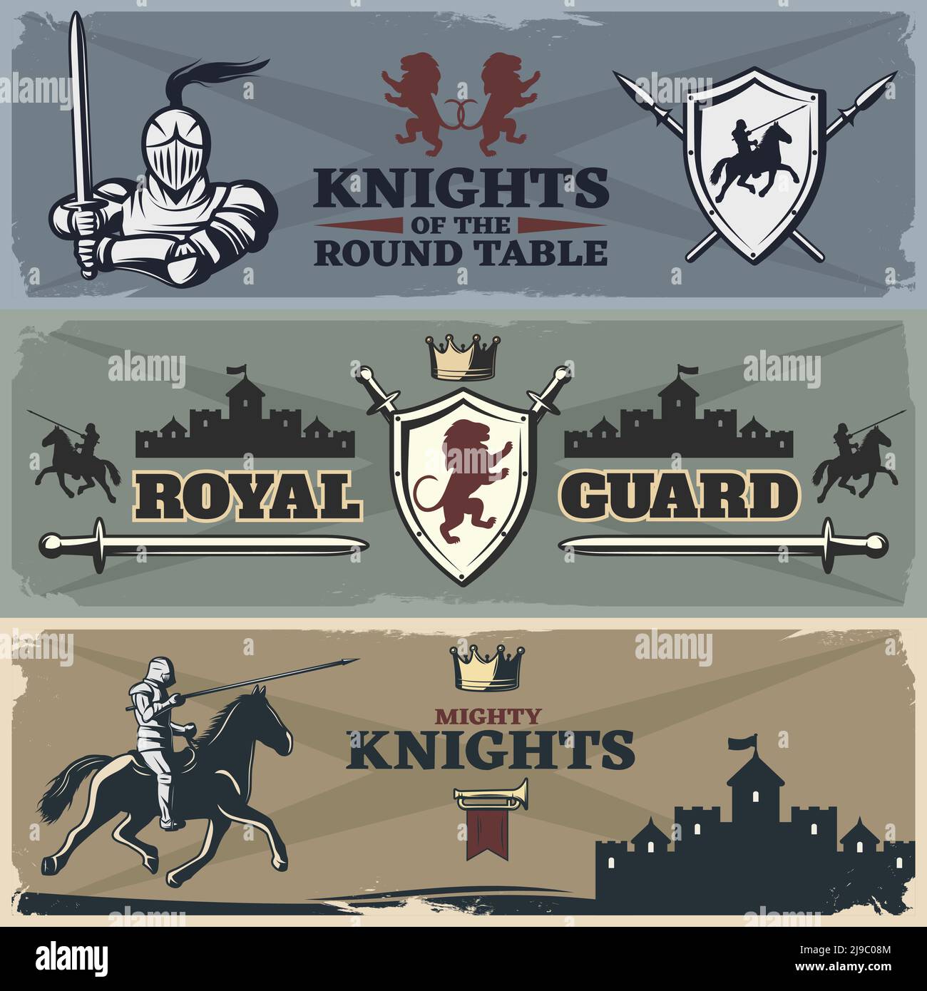 Knights banners set with heraldry ancient castles armed horsemen on ...