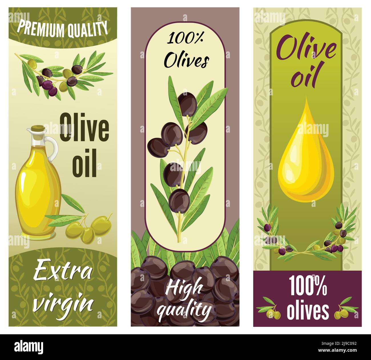 Three vertical isolated olive banner set with premium quality extra ...