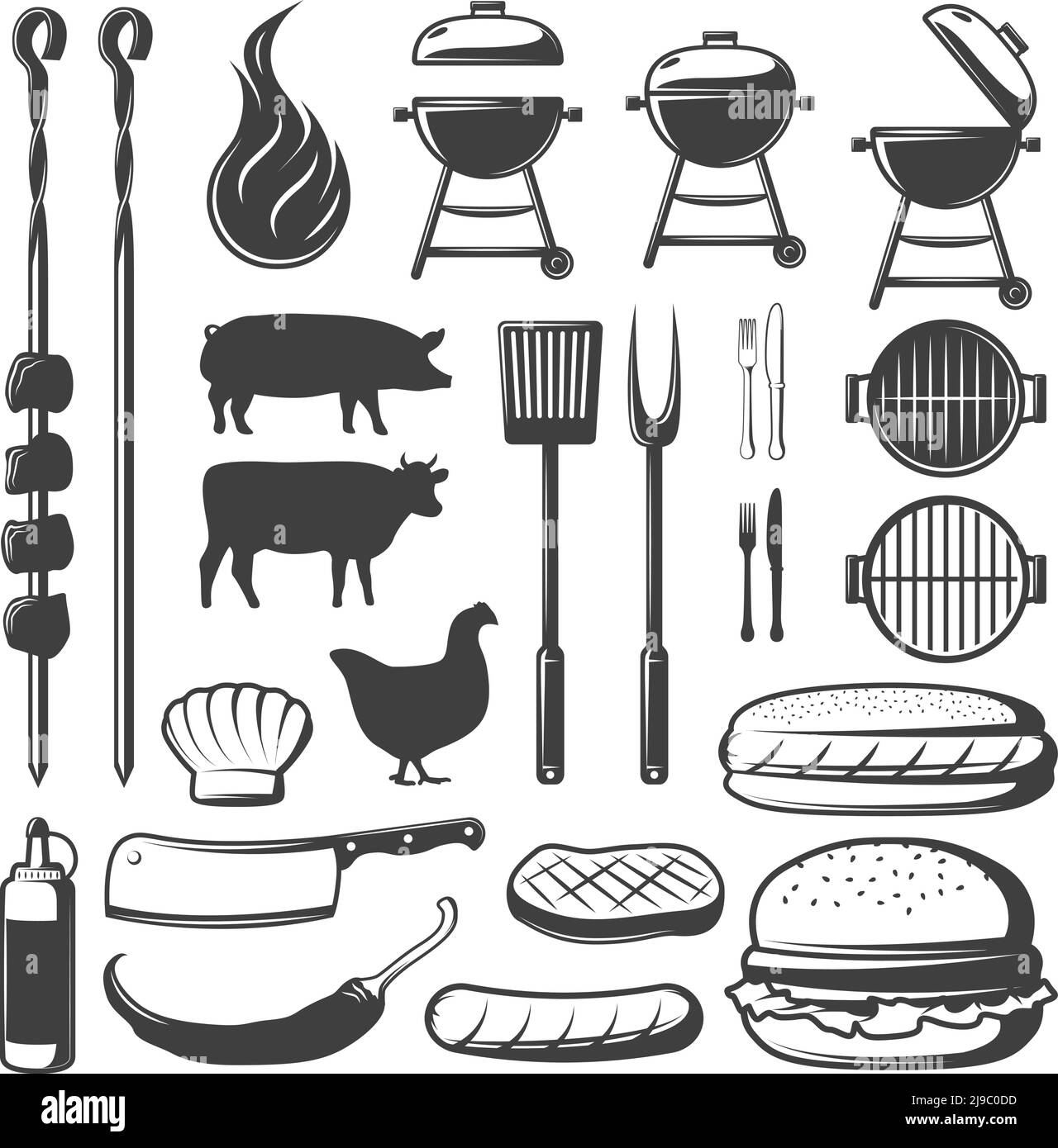 Isolated barbecue objects set with animal silhouettes skewer pans and ...