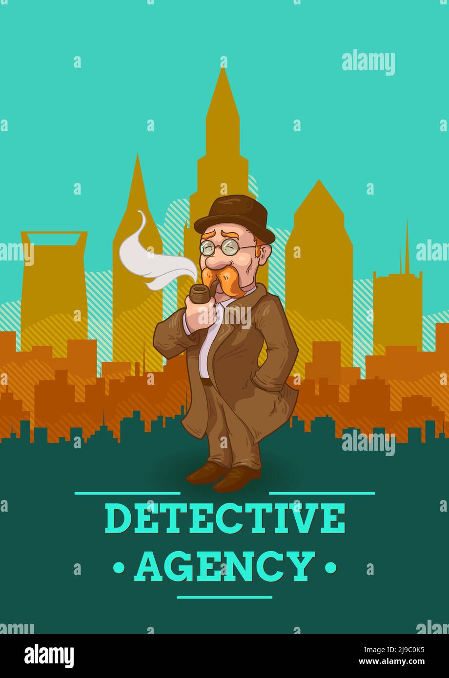 Detective agency poster with private eye in overcoat and hat on city ...
