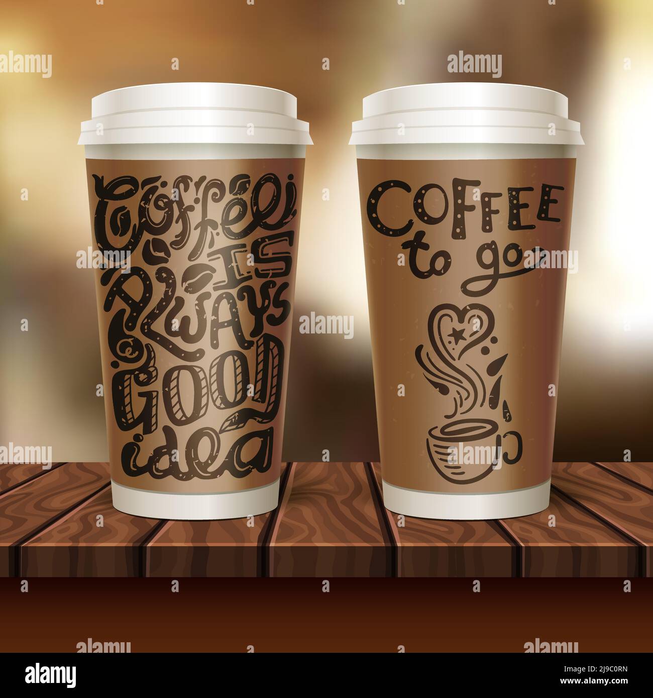 Realistic coffee to go two cup composition with paper cup of coffee for ...