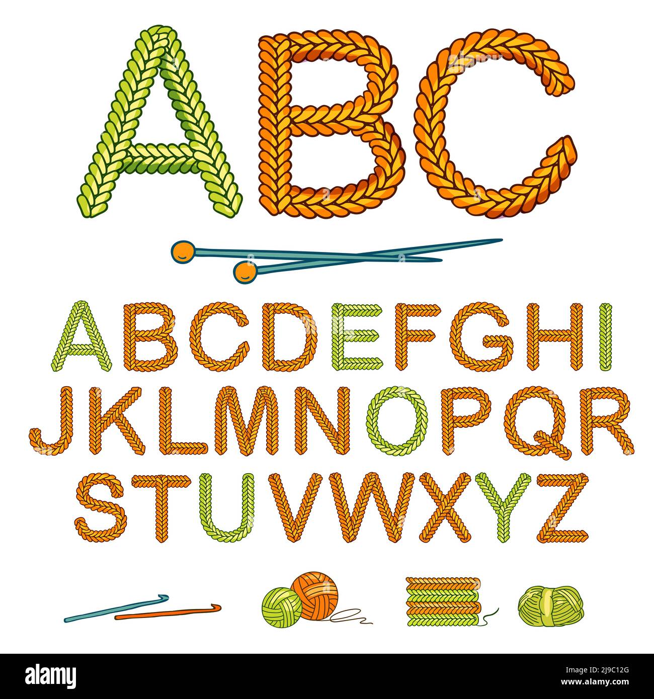 Green and orange warm knitting alphabet icon set isolated with balls of ...