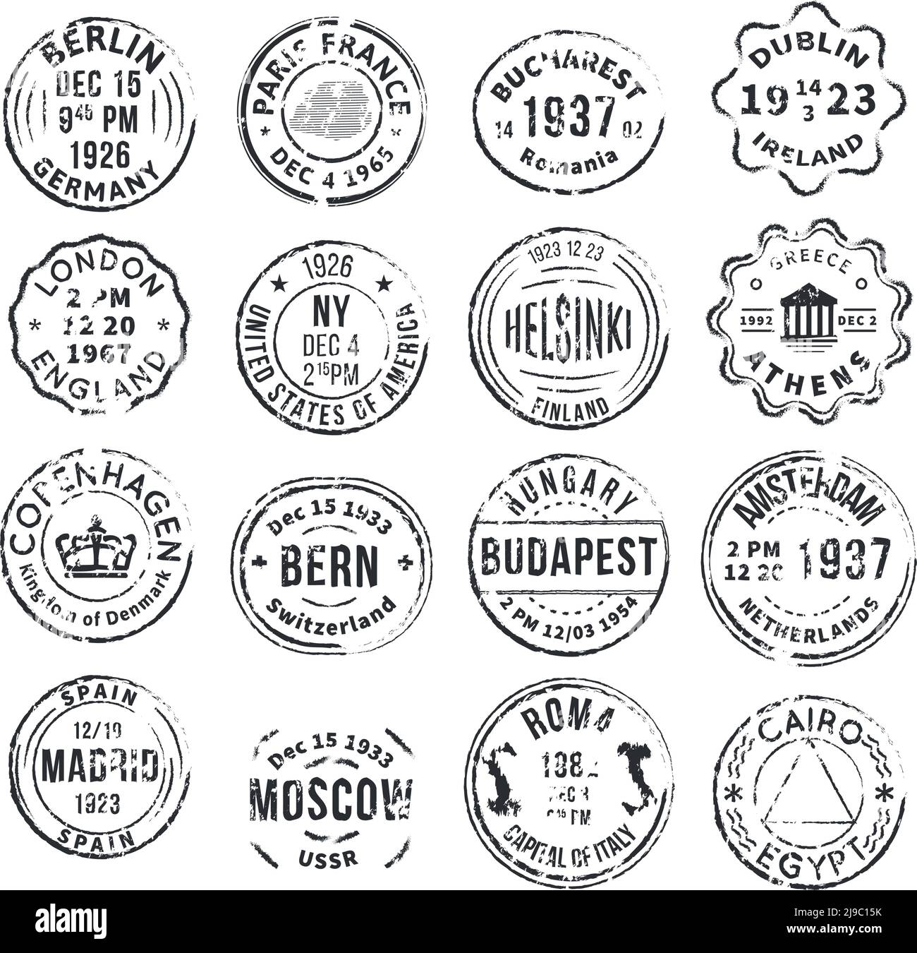 Set with 16 round isolated stamp postal signs with different departure ...