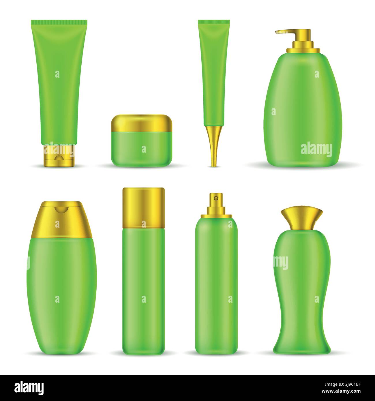 Set of cosmetic packaging of different shape with green container and ...