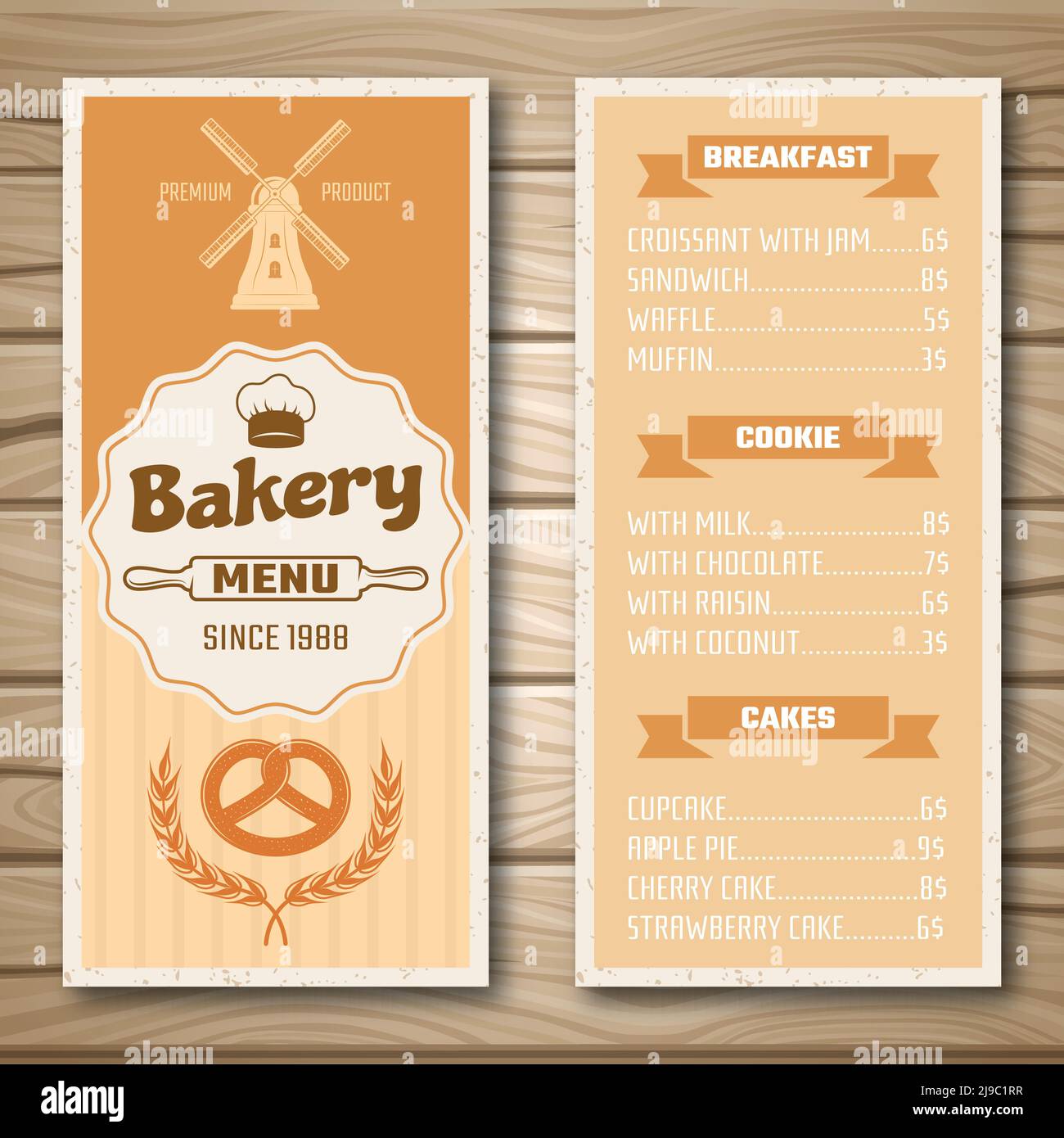 Bakery shop menu with mill at cover and product price list on wooden ...