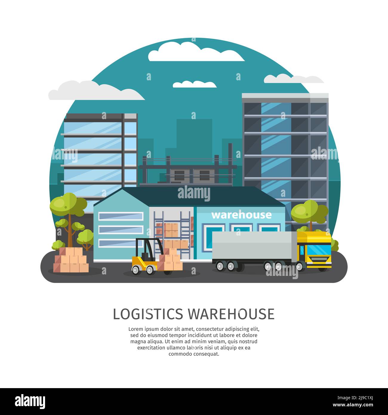 Warehouse logistics design including storehouse with shelves and truck ...