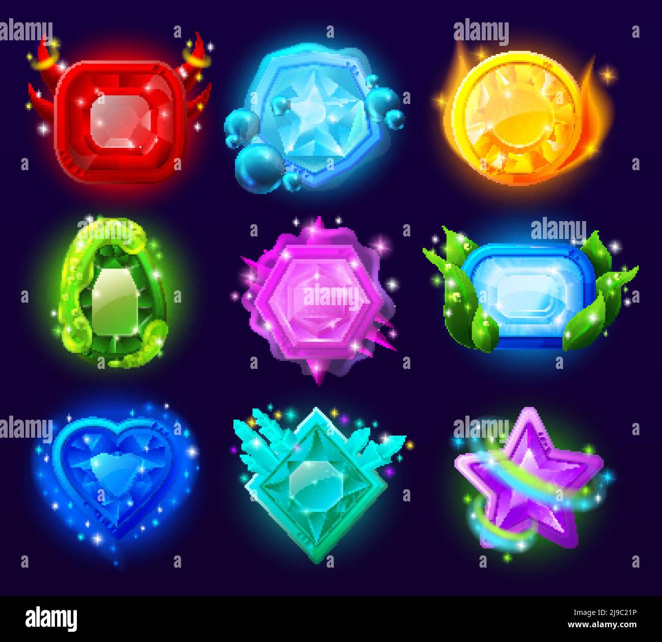 Computer game magic gems set with different effects on black background ...