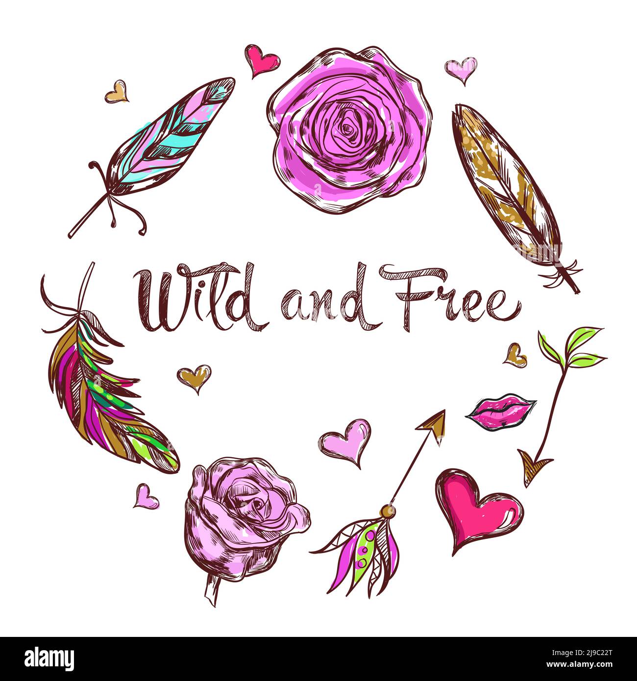 Sketch hipster boho fashion composition circle with flowers and ...