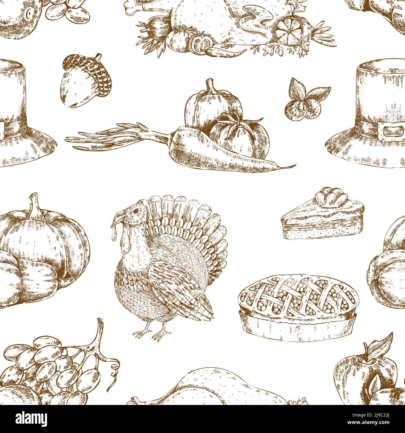 Thanksgiving day hand drawn seamless pattern with turkey hat and acorn ...