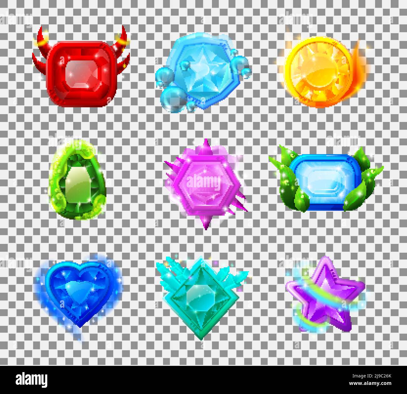 Web game magic gems with crystals and horns leaves and fire on ...