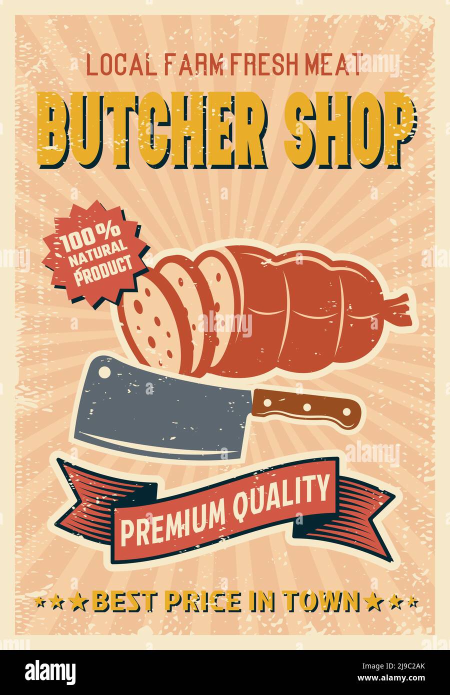 Butcher shop retro style poster with sliced sausage knife ribbon on ...