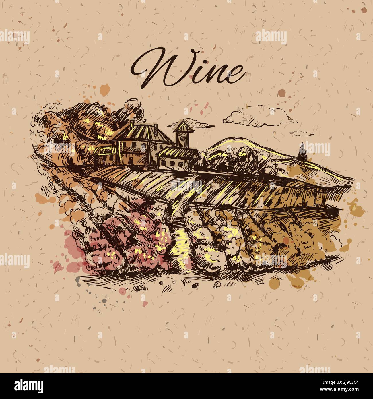 Hand drawn vineyard landscape composition field with growing grapes on ...