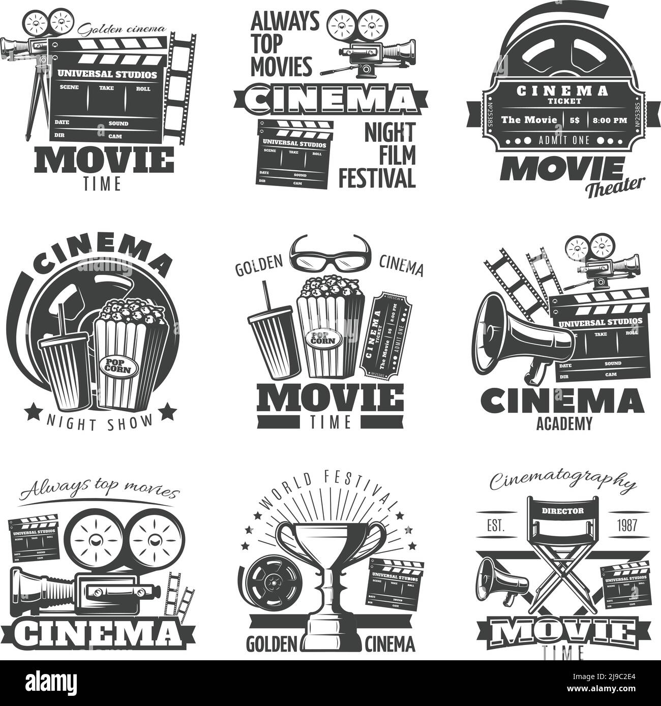Nine isolated monochrome emblems for movie and cinema with camera chair ...