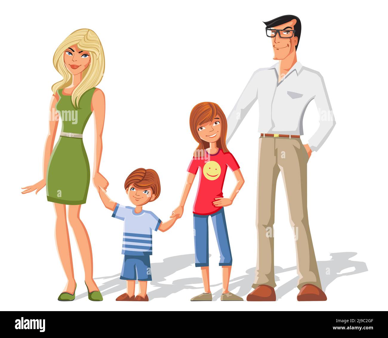 Family of four members cartoon style composition with funny characters ...
