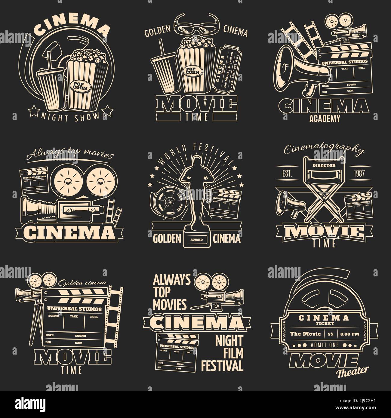 Set of nine isolated cinema and film making emblems with various ...
