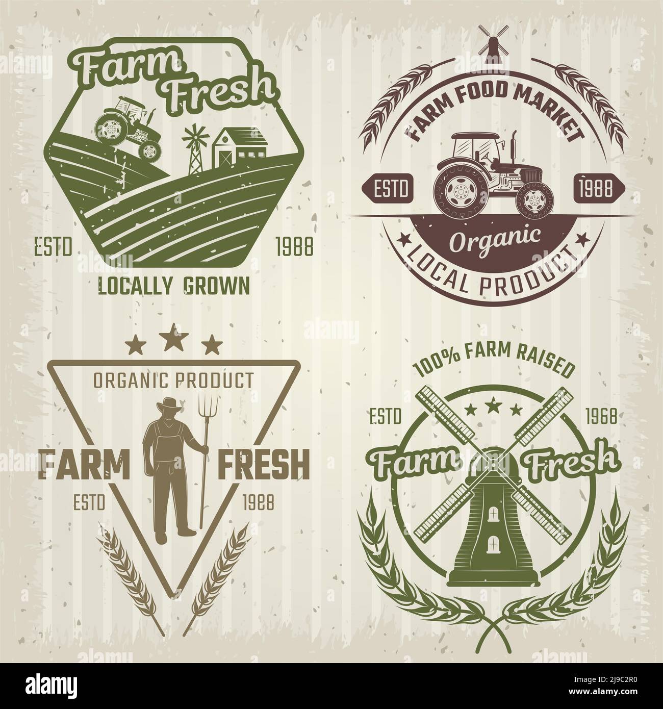 Farm retro style logos with fields windmill tractor wheat and stars on ...