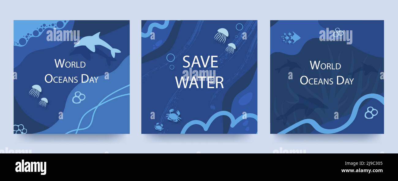 World oceans day poster set with blue background, liquid shapes and ...