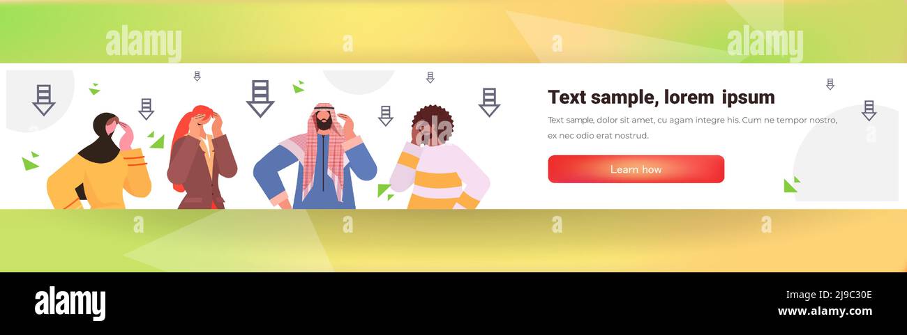 mix race stressed businesspeople standing under downward arrows ...