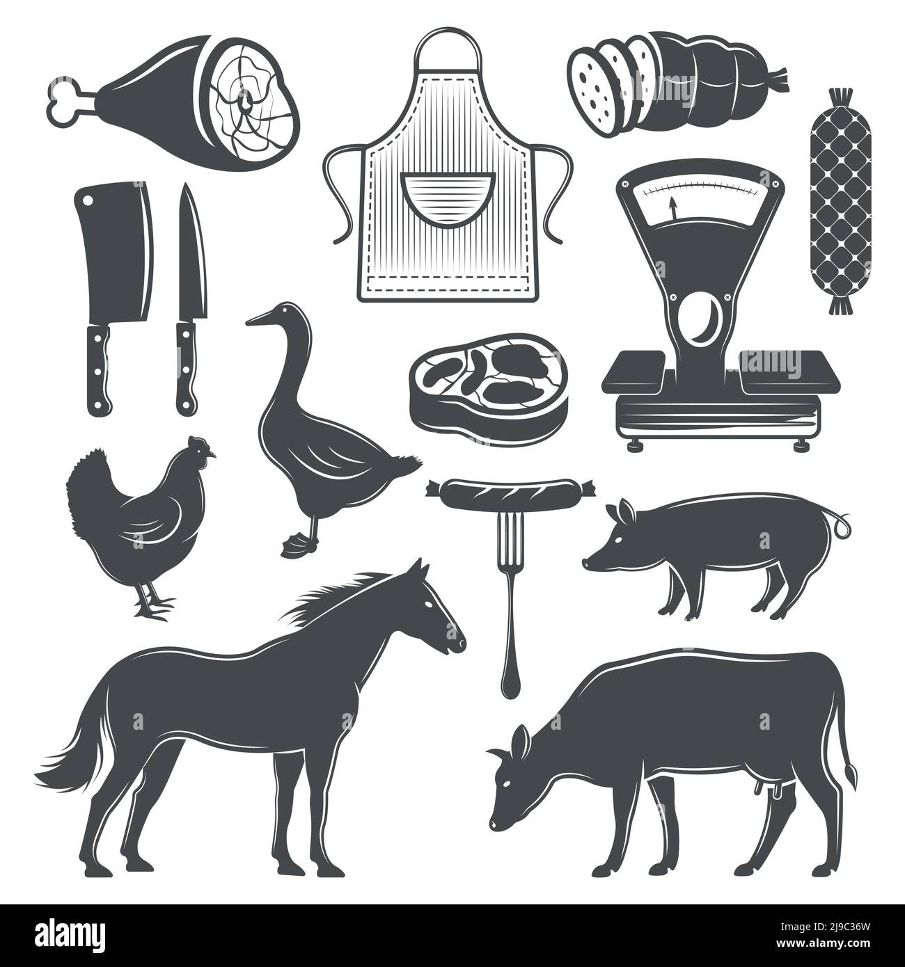 Butchery monochrome elements set with farm animals and meat products ...