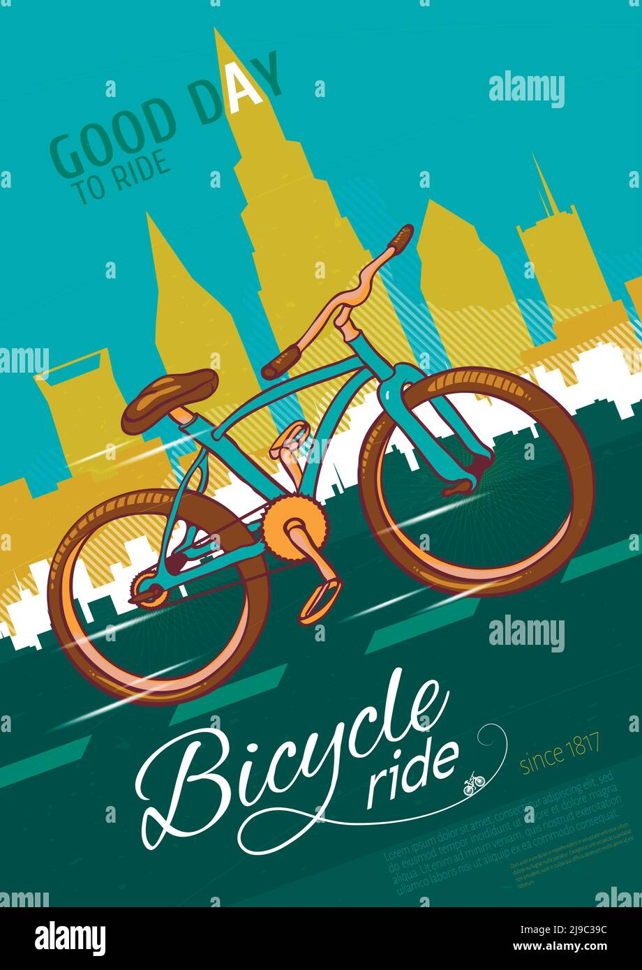 Bicycle ride poster with single bike on road with markings on city ...