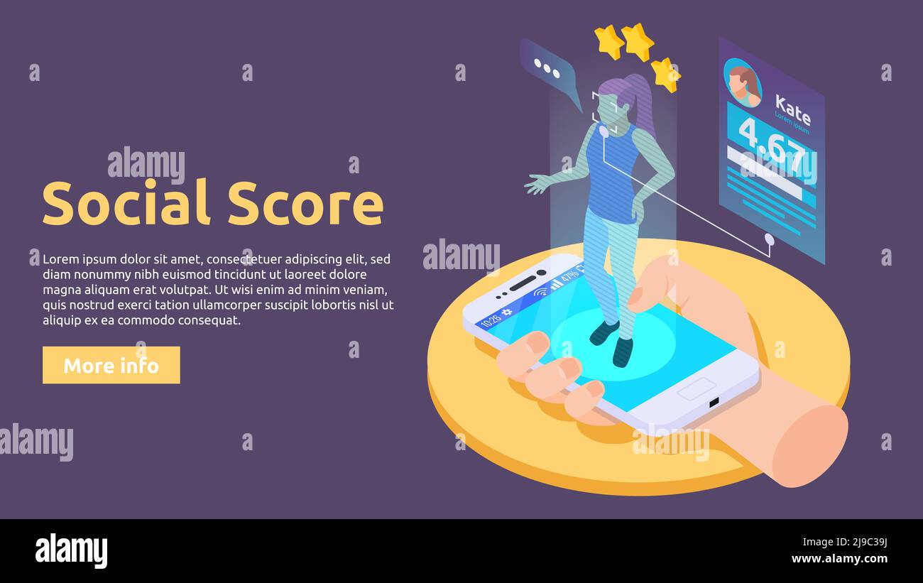 Social credit system isometric banner with composition of female ...