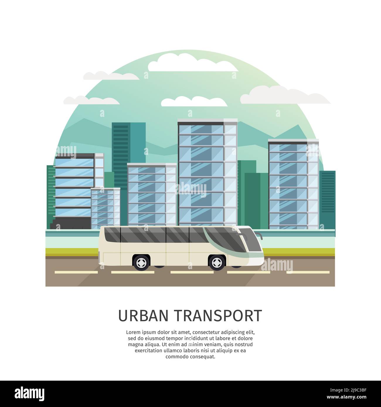 Urban transport orthogonal design with text and bus at road on city ...