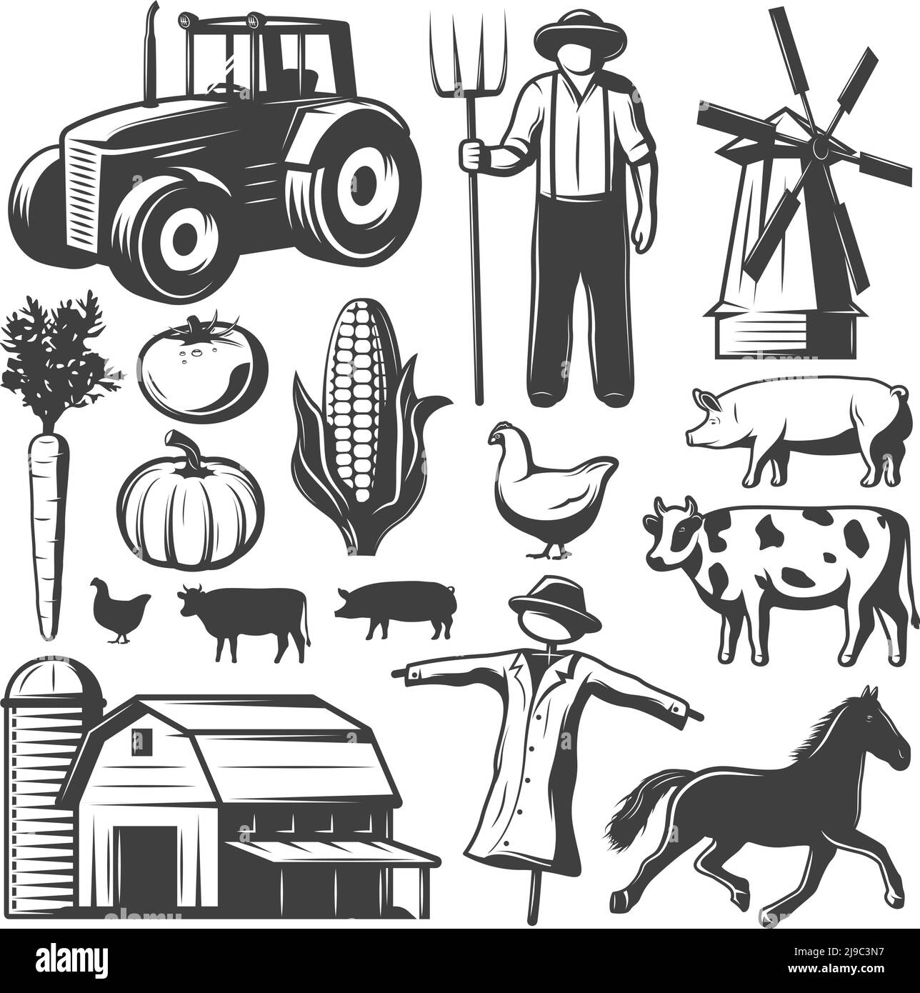 Isolated black decorative icons set on white background with farm ...