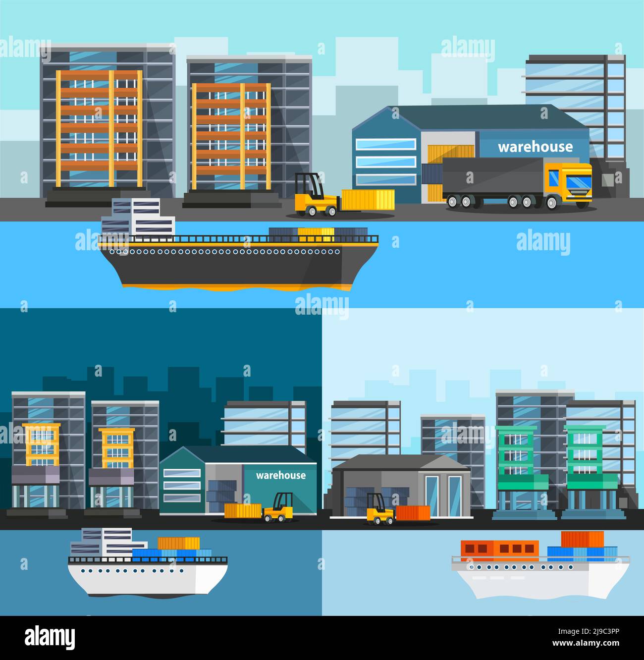 Sea port orthogonal compositions set with freight ships and harbor ...