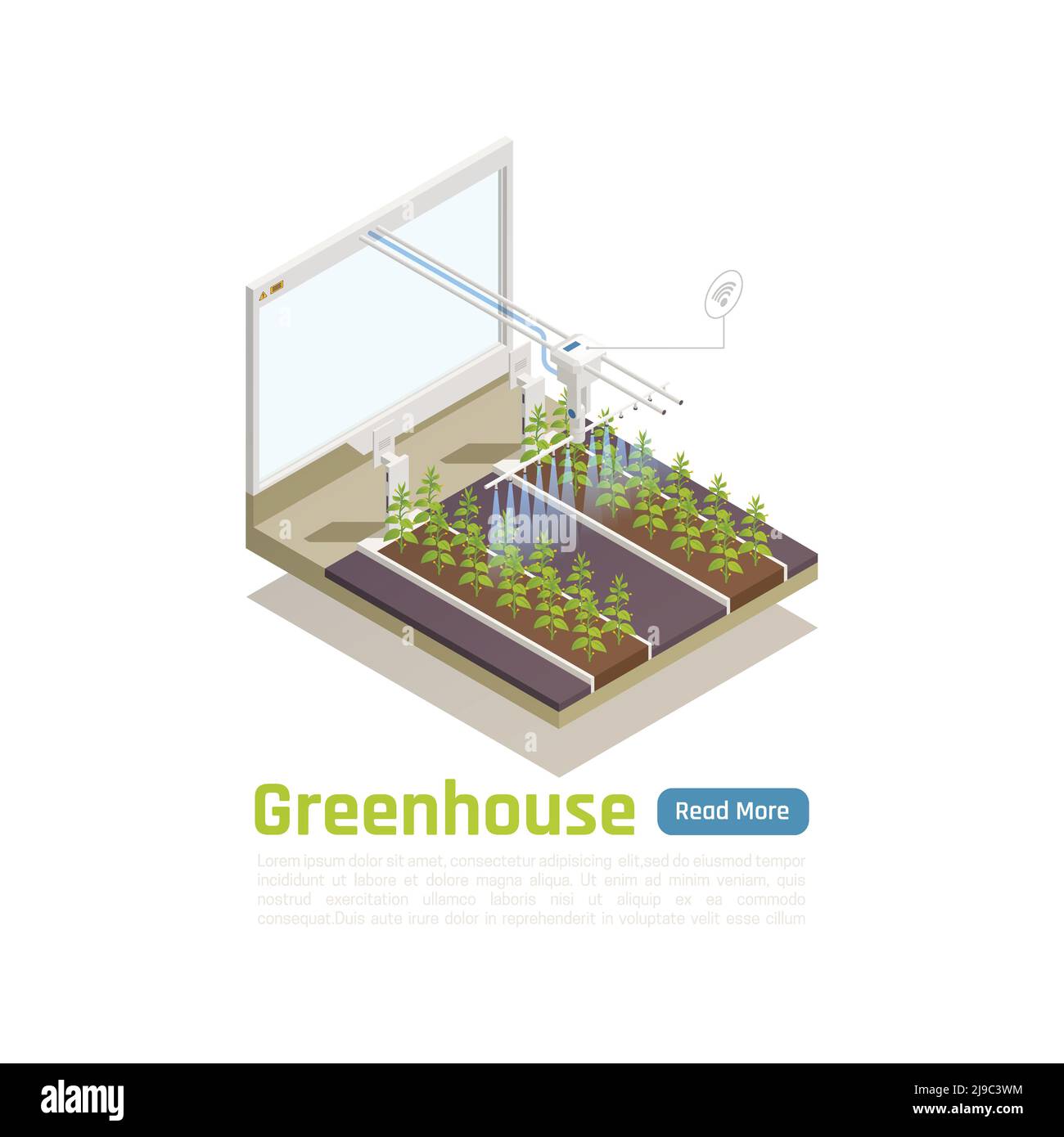 Modern greenhouse automated watering system isometric composition with ...