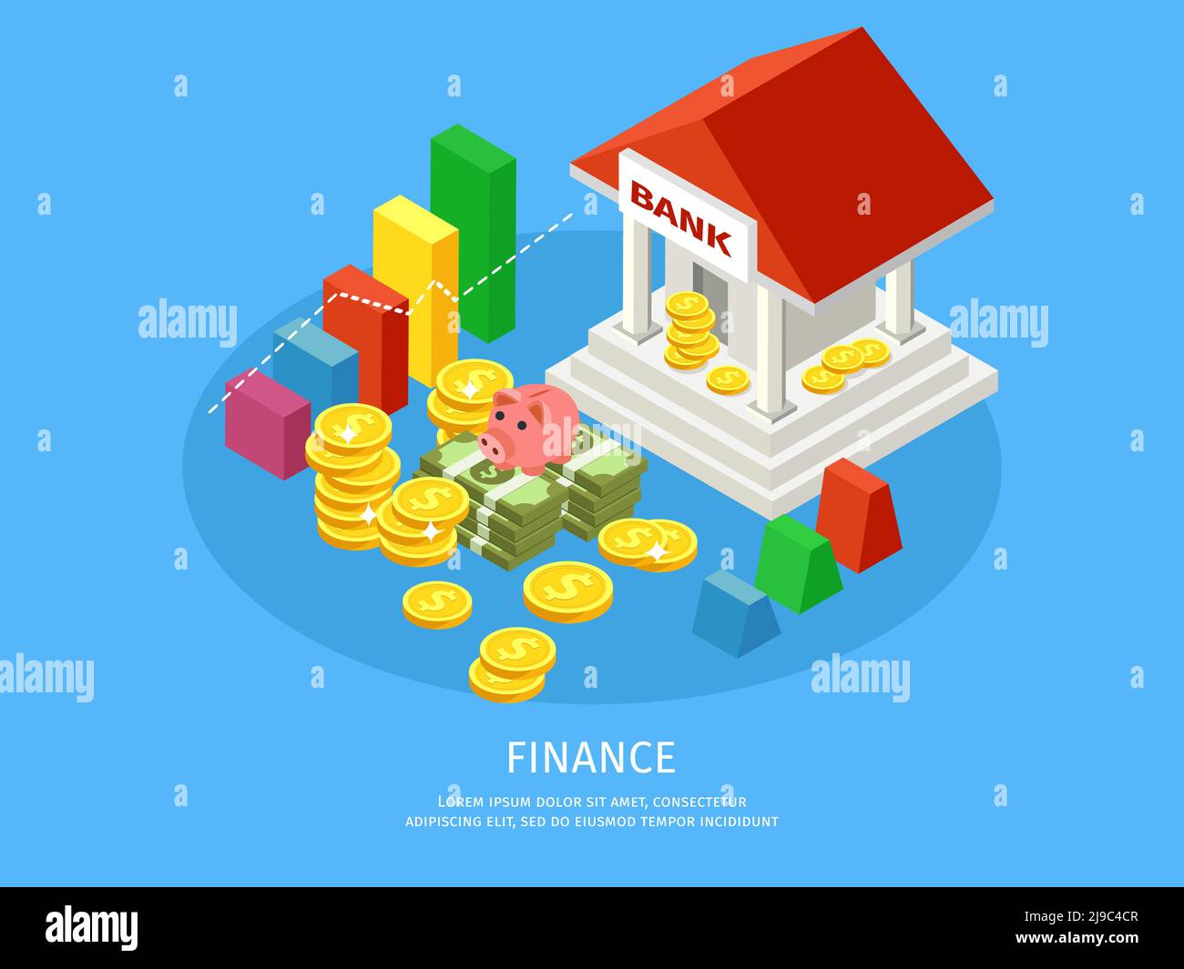 Isometric financial elements concept with bank building dollar stacks ...