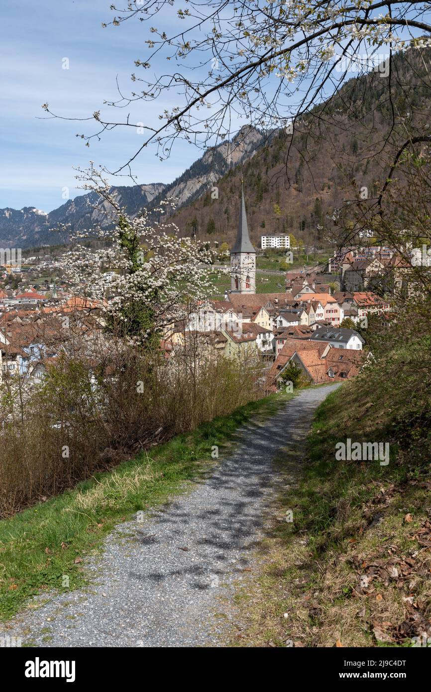 Chur, Switzerland, April 11, 2022 Impressive view over the downtown ...