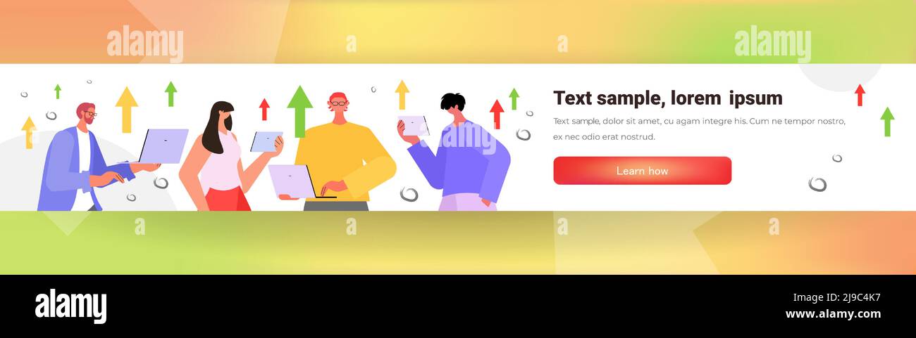 successful businesspeople using digital gadgets near going up arrows ...