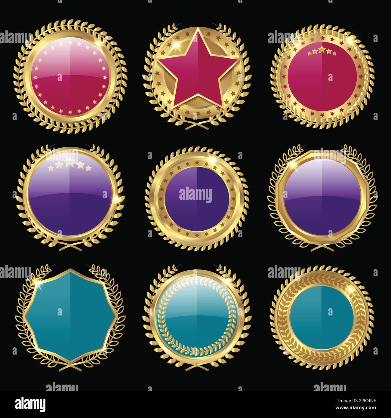 Nine isolated realistic awards with golden medal shape and empty sleek ...